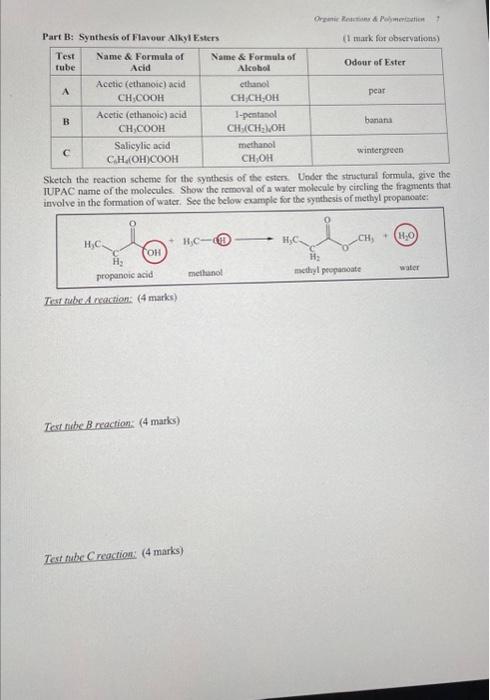 Solved Part B: Synthesis of Flavour Alkyl Esters (1) mark | Chegg.com