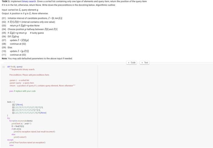 TASK 3. Implement binary search. Given a sorfed list | Chegg.com