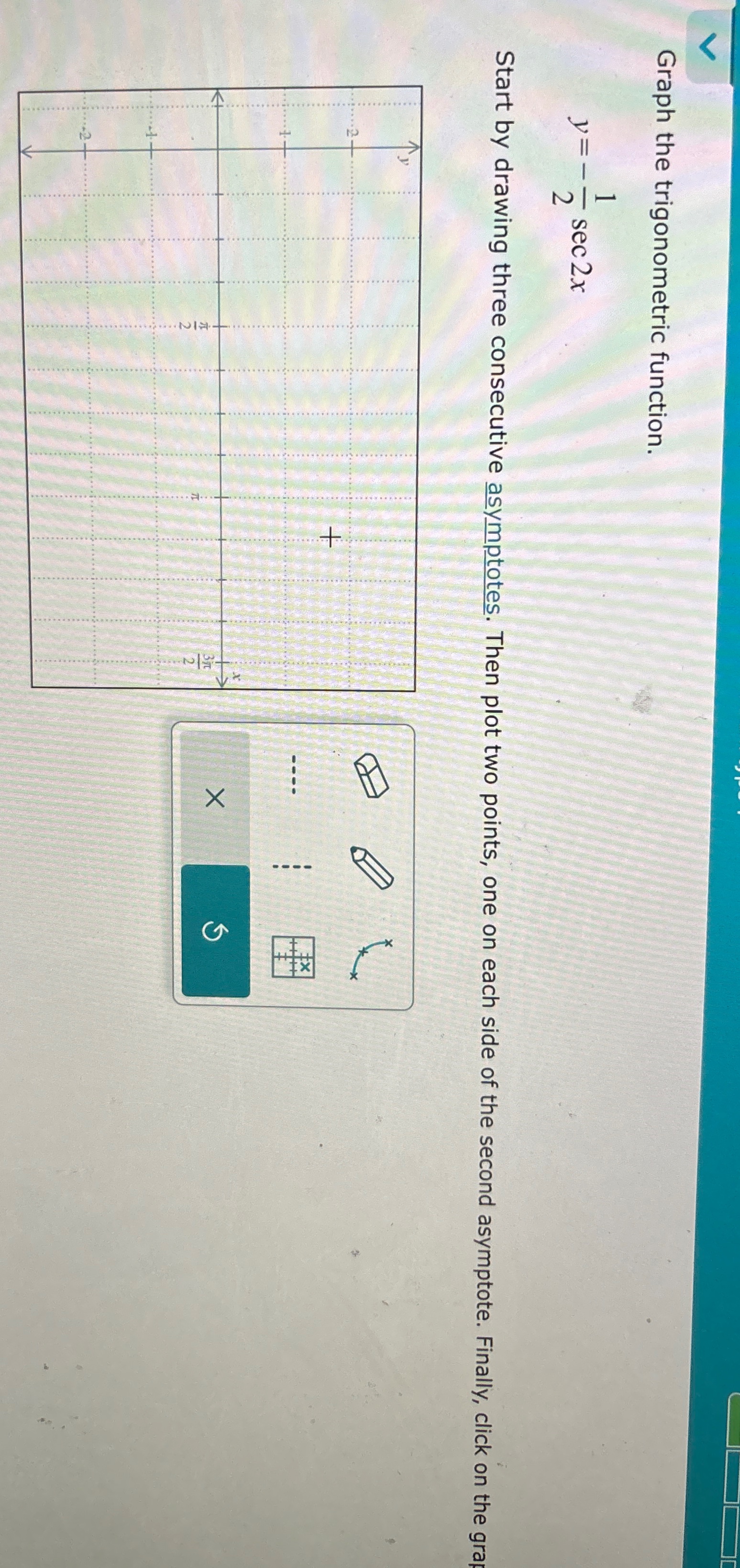 Solved Graph the trigonometric function.y=-12sec2xStart by | Chegg.com