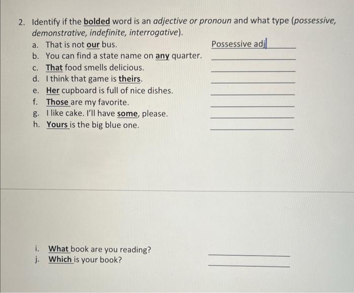 2. Identify if the bolded word is an adjective or | Chegg.com
