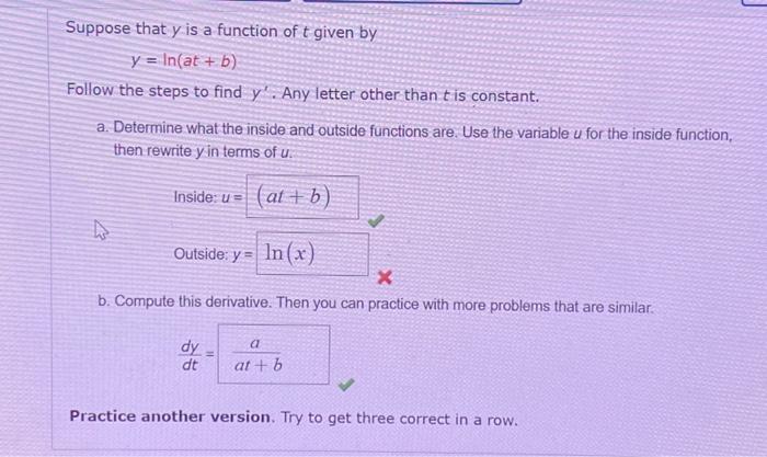 Solved Suppose that y is a function of t given by y=ln(at+b) | Chegg.com