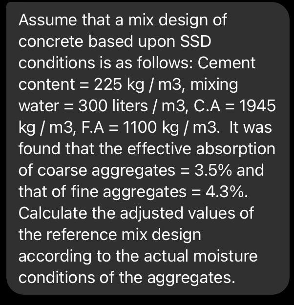 Solved Assume that a mix design of concrete based upon SSD | Chegg.com