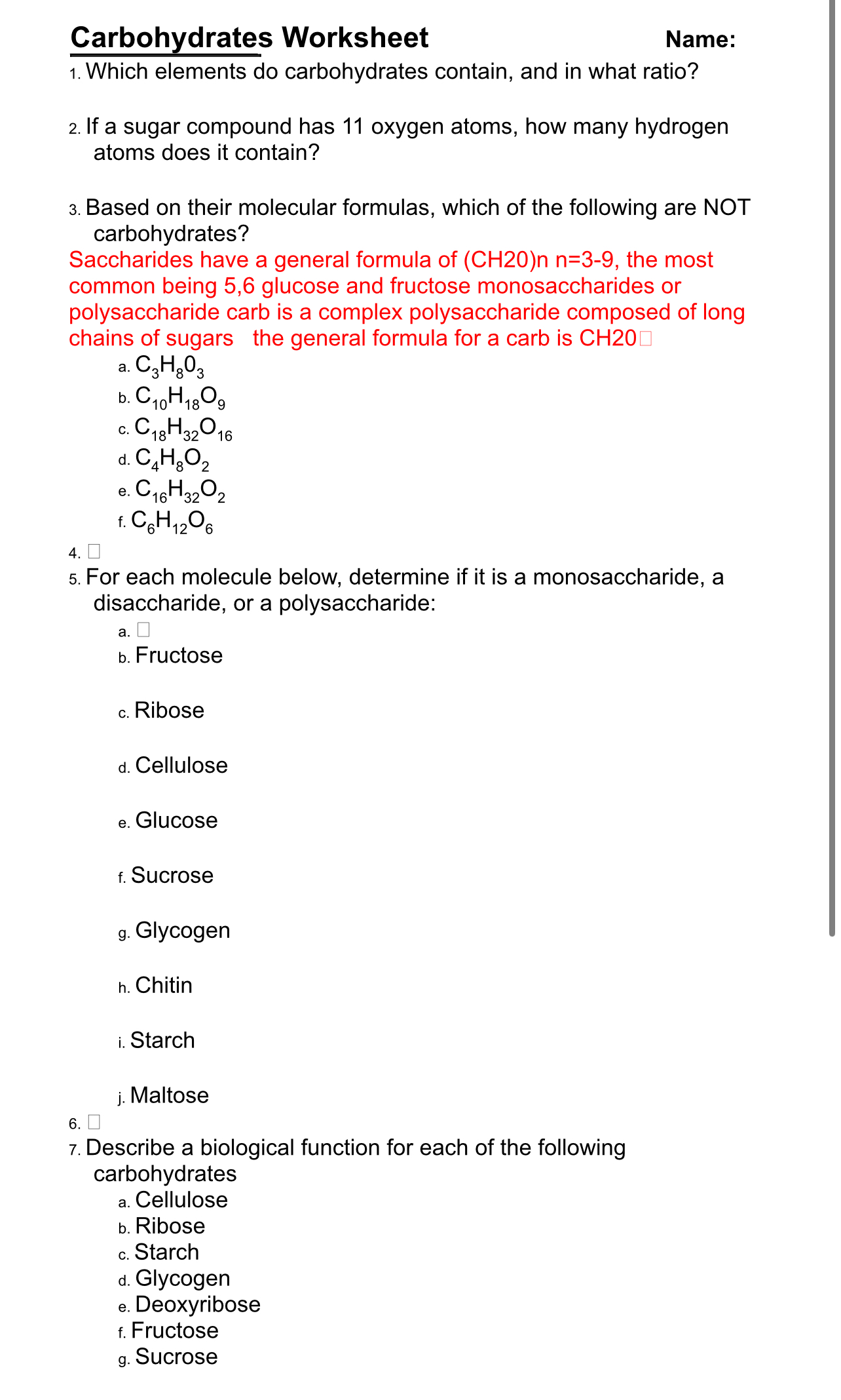 Solved Carbohydrates WorksheetName:Which elements do | Chegg.com