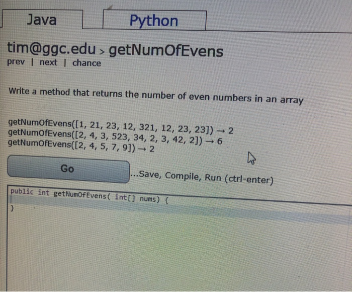 Solved Java Python Tim Getnumofevens Prev Next 