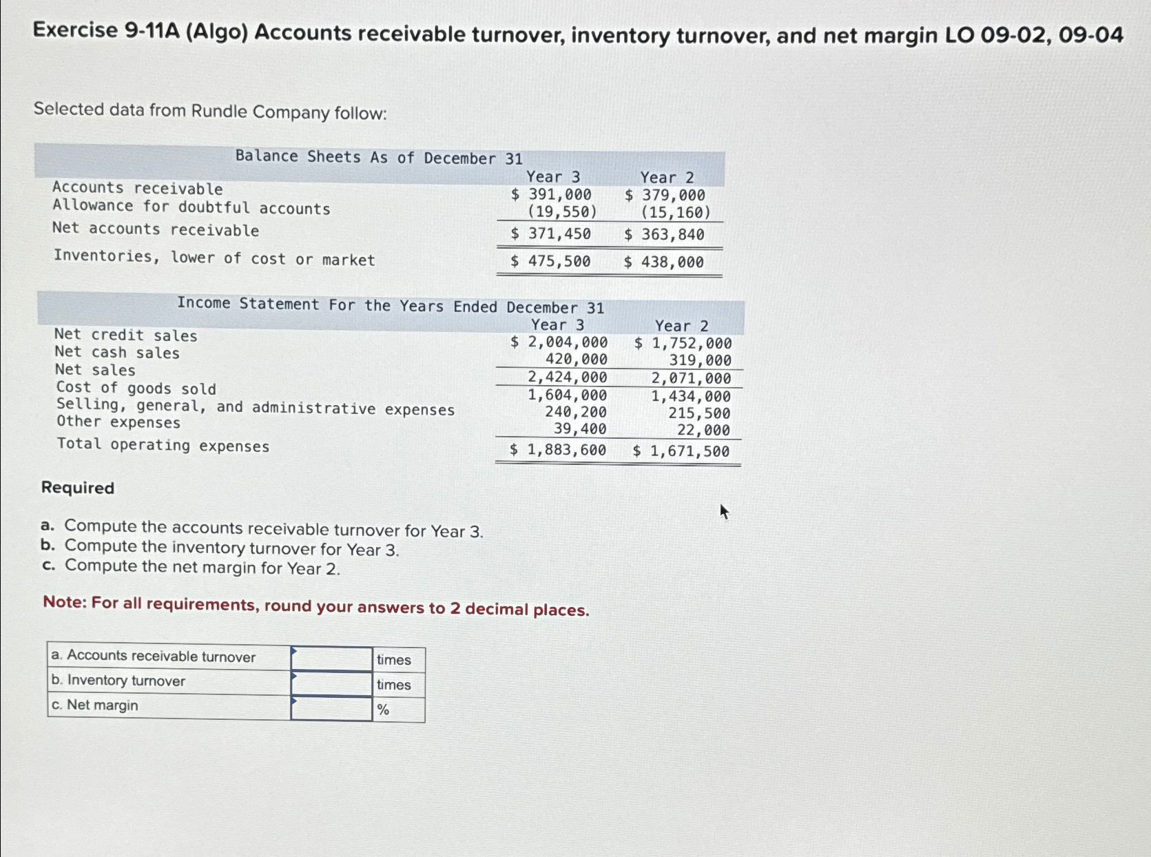 Solved Exercise 9-11A (Algo) ﻿Accounts receivable turnover, | Chegg.com