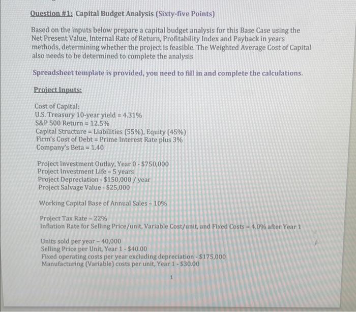 Solved Question #1: Capital Budget Analysis (Sixty-five | Chegg.com