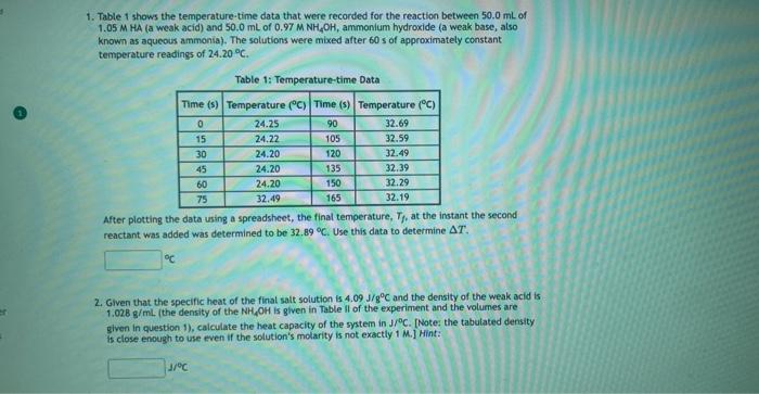 Solved Table 1 shows the temperaturetime data that were | Chegg.com