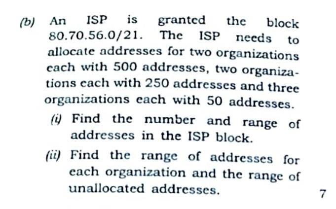 Solved (b) An ISP is granted the block 80.70.56.0/21. The | Chegg.com