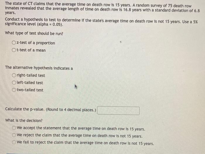 Solved The state of CT claims that the average time on death | Chegg.com