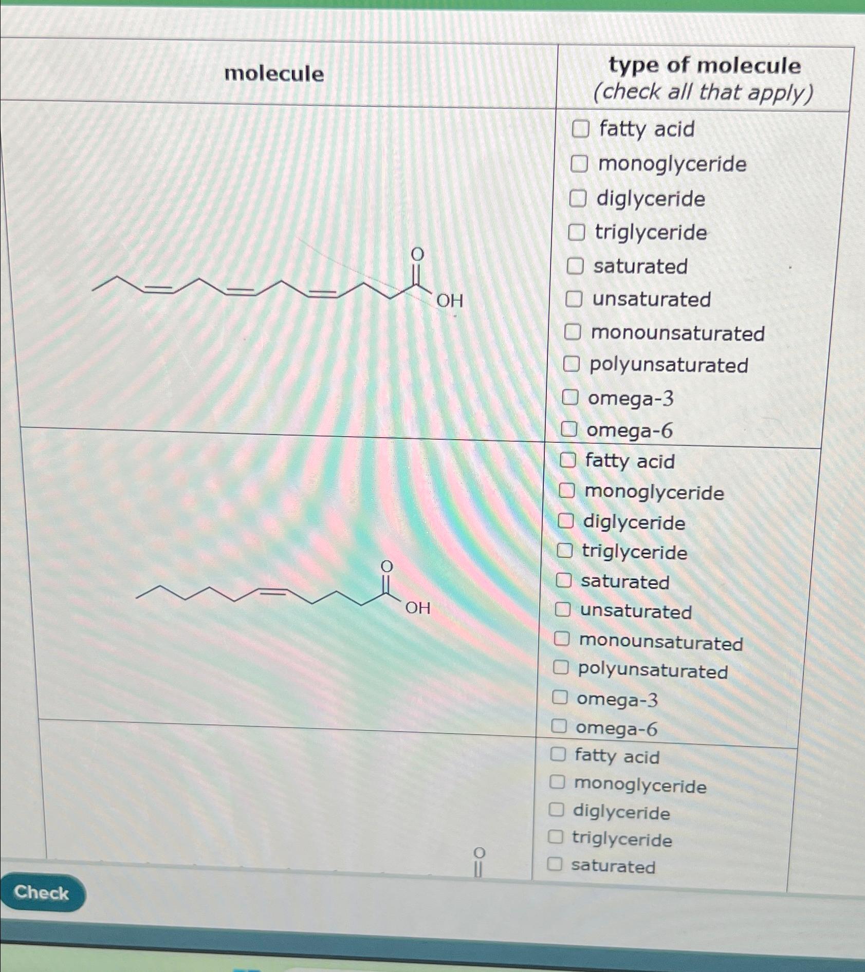 Solved \table[[molecule,\table[[type of molecule],[(check | Chegg.com