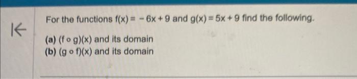 Solved For the functions f(x)=−6x+9 and g(x)=5x+9 find the | Chegg.com