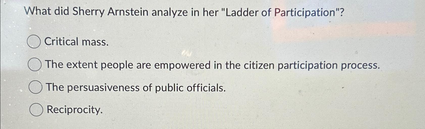 Solved What did Sherry Arnstein analyze in her "Ladder of | Chegg.com