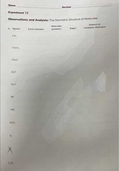 Solved Name Section Experiment 13 Observations and Analysis: | Chegg.com