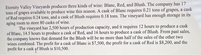 Solved Eternity Valley Vineyards produces three kinds of | Chegg.com
