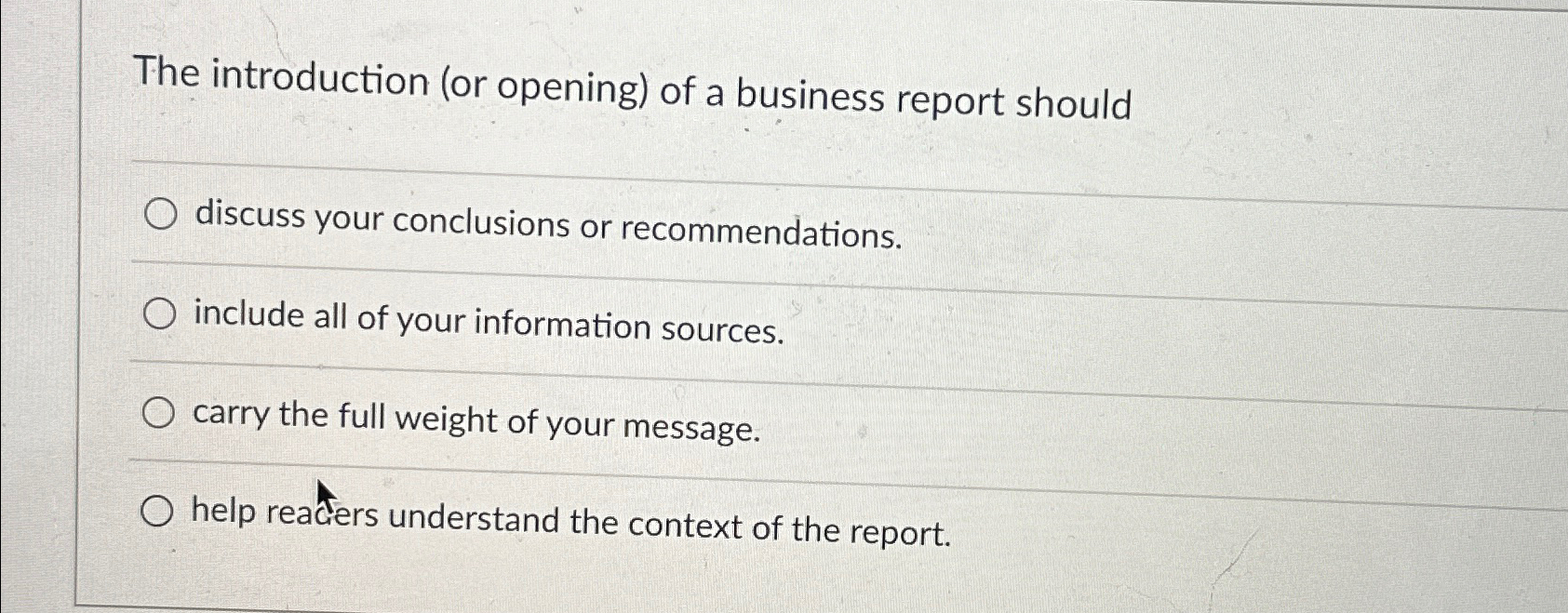 Solved The introduction (or opening) ﻿of a business report | Chegg.com