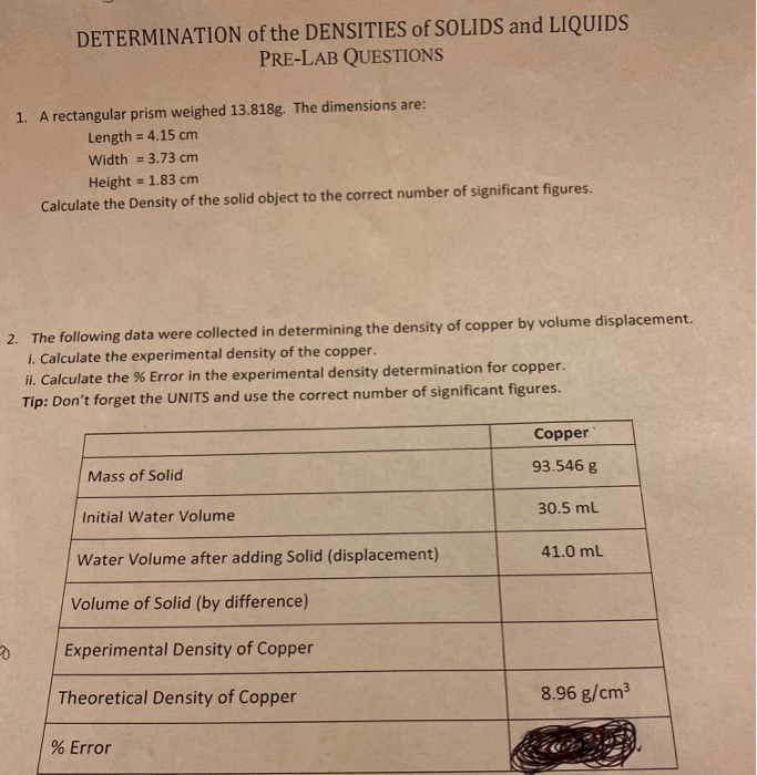 Solved DETERMINATION of the DENSITIES of SOLIDS and LIQUIDS | Chegg.com