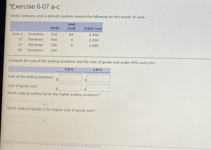 Solved *Exercise 6-07 a-c Oriole Company uses a periodic | Chegg.com