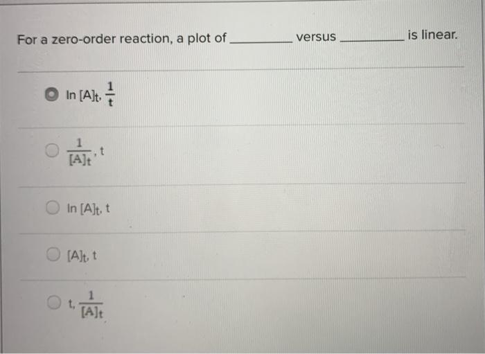 Solved For a zero-order reaction, a plot of versus is | Chegg.com