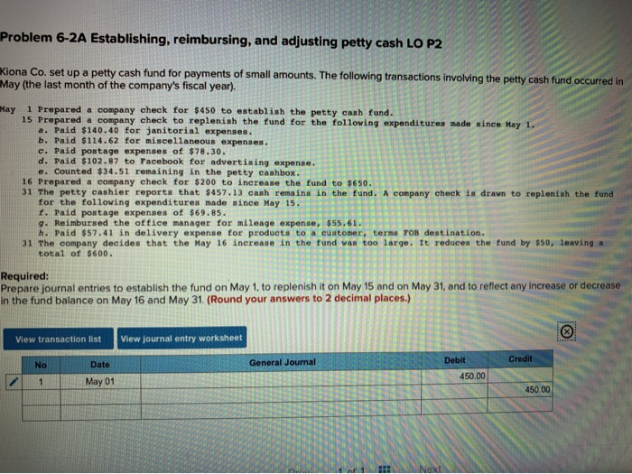 Solved Problem 6-2A Establishing, reimbursing, and adjusting | Chegg.com