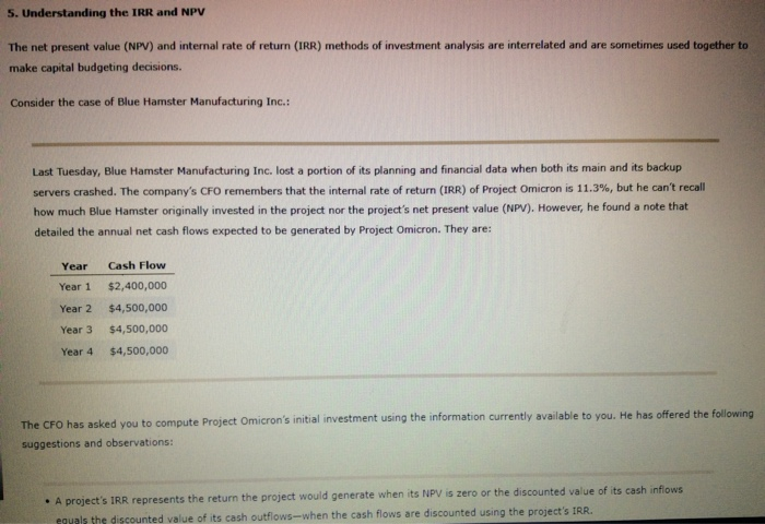 Solved S. Understanding the IRR and NPV The net present | Chegg.com