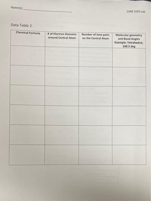 Solved Name(s): CHM 1020 Lab Part b: Molecular Geometry In | Chegg.com
