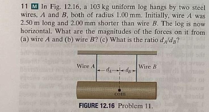 Solved 11 ﻿M In Fig. 12.16, ﻿a 103kg ﻿uniform log hangs by | Chegg.com