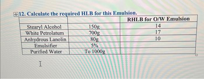 Solved 12. Calculate the required HLB for this Emulsion. | Chegg.com