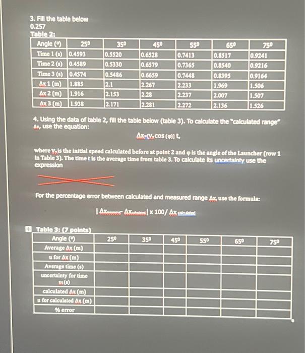 Solved 3. Fill the table below 0.257 Table 2: Angle (0) Time | Chegg.com