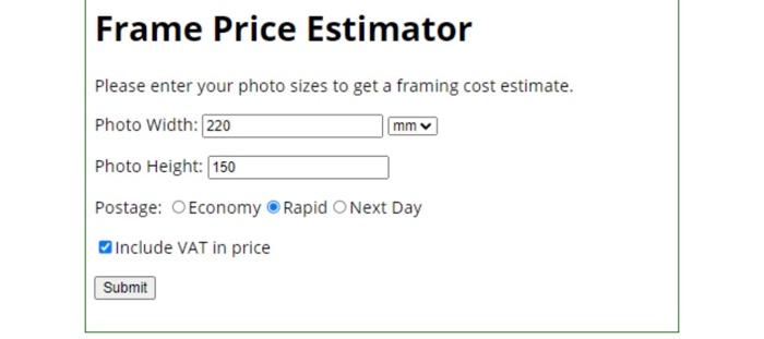 Solved Frame Price Estimator Please enter your photo sizes | Chegg.com