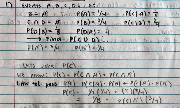 Solved 1. ∵ Let A,B,C and D be events such that B=A′,C∩D=∅, | Chegg.com