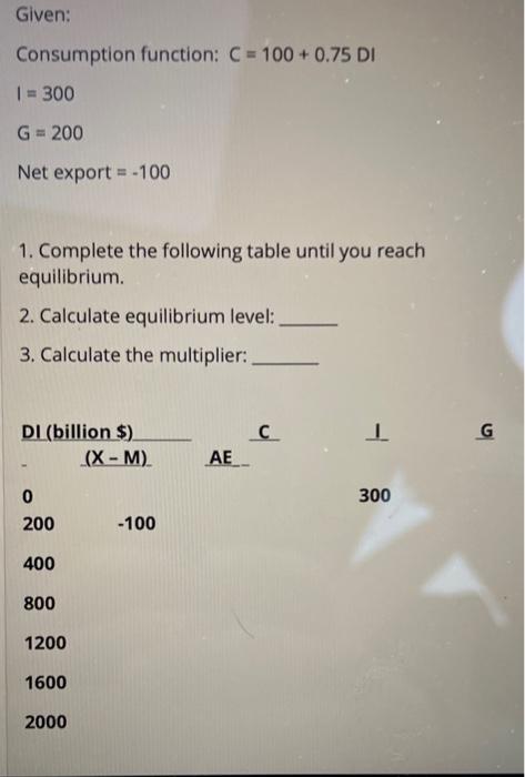 Solved Given: Consumption function: C = 100+ 0.75 DI 1 = 300 | Chegg.com