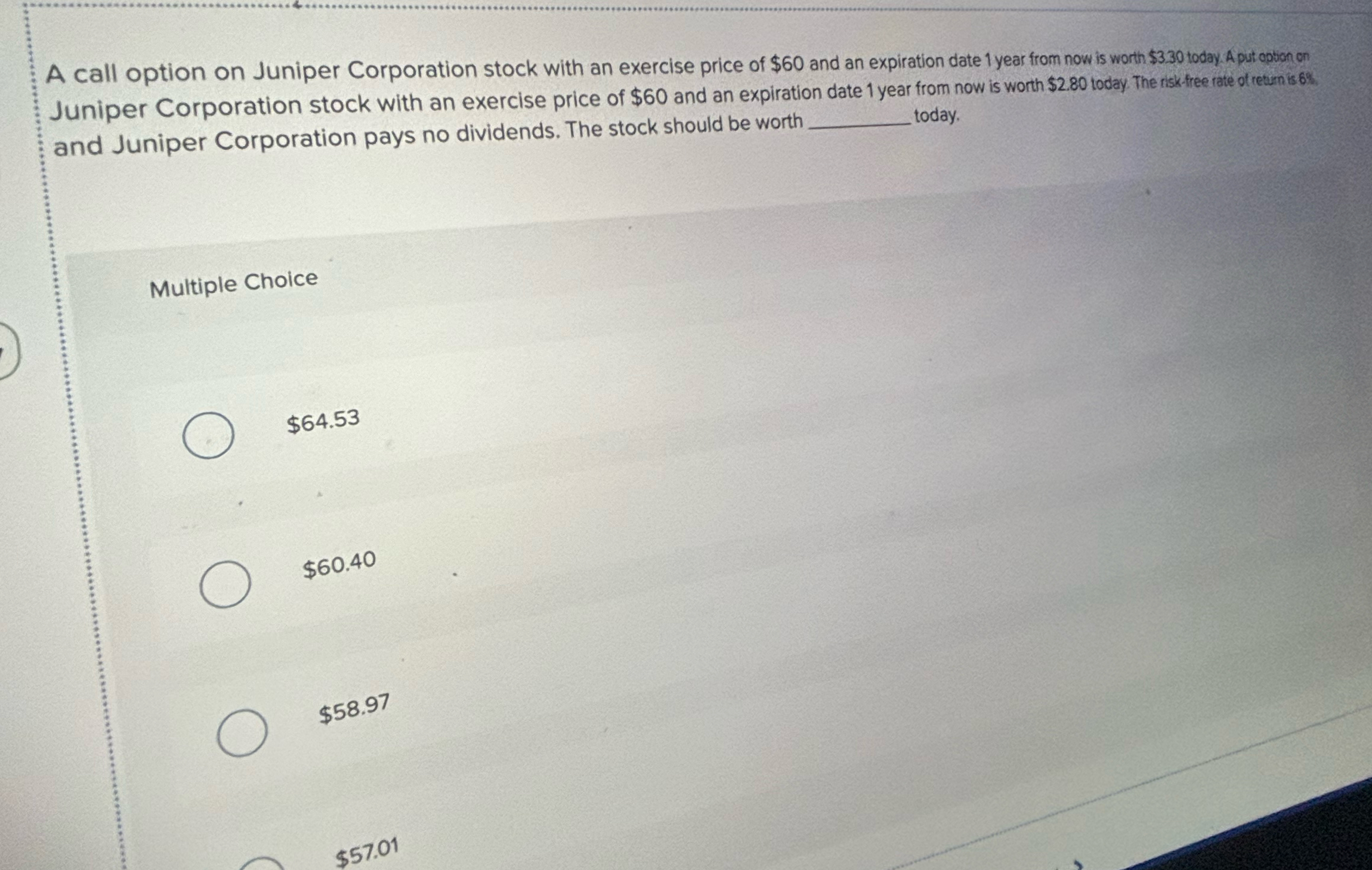 Solved A call option on Juniper Corporation stock with an | Chegg.com
