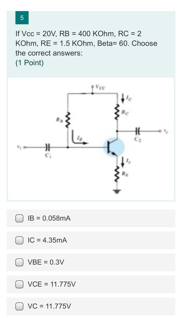 Solved If Vcc = 20V, R1 = 40 KOhm, R2 = 4 KOhm, RC = 10 | Chegg.com
