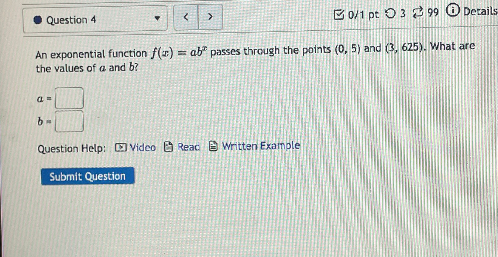 Solved Question 401 ﻿pt3⇄99DetailsAn exponential function | Chegg.com