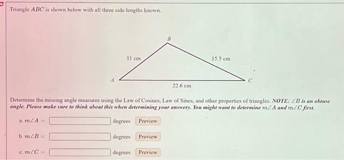 Solved Triangle ABC is shown below with all three side | Chegg.com