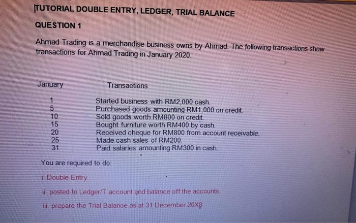 Solved TUTORIAL DOUBLE ENTRY, LEDGER, TRIAL BALANCE QUESTION | Chegg.com