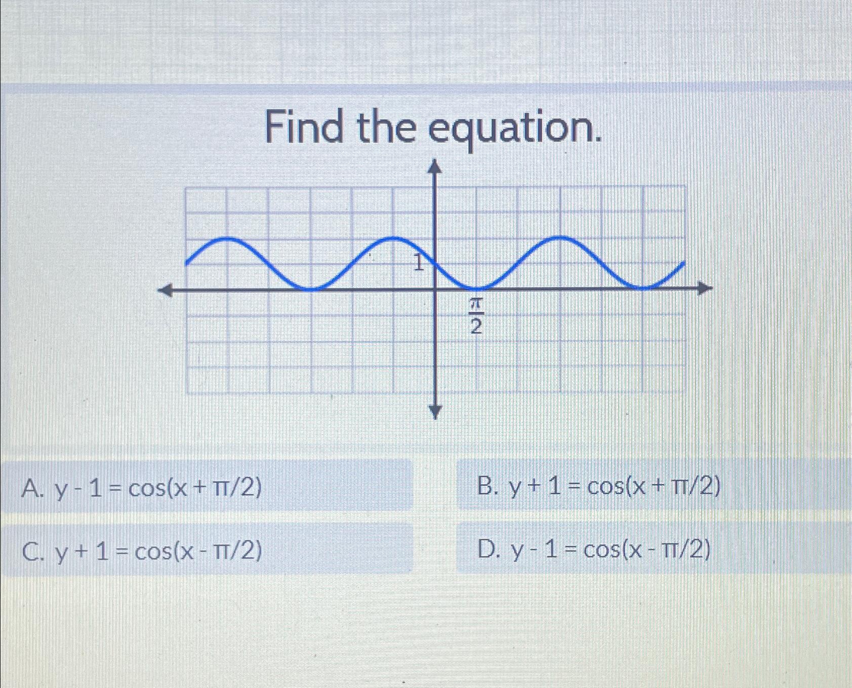 Solved A. y-1=cos(x+π2)y+1=cos(x-π2)B. y+1=cos(x+π2)D. y-1=c | Chegg.com