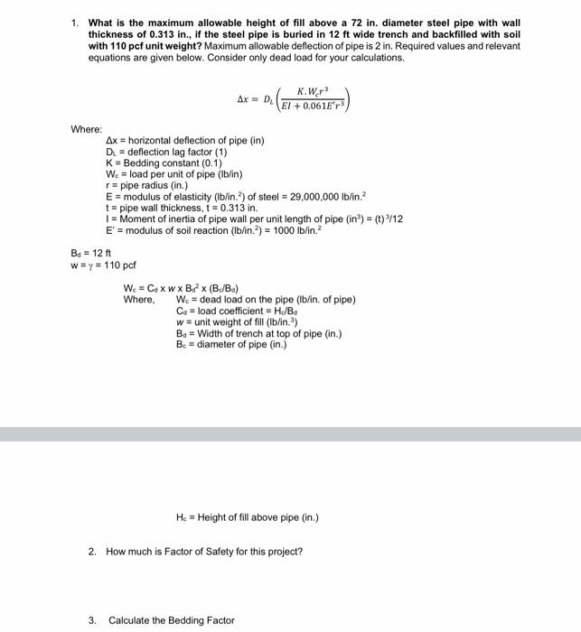Solved 1. What is the maximum allowable height of fill above | Chegg.com