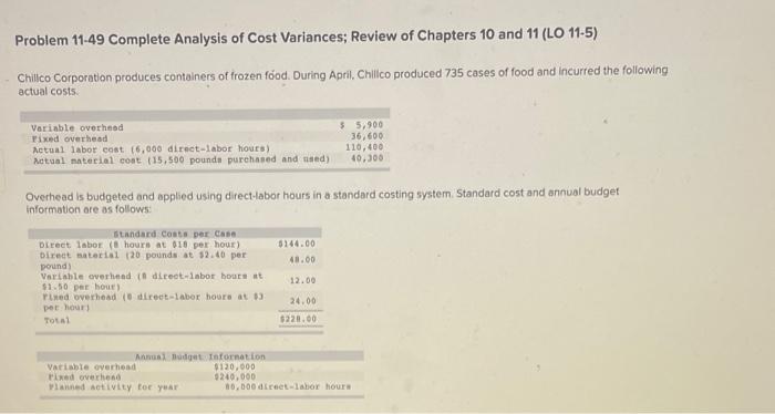 Solved Problem 11-49 Complete Analysis of Cost Variances; | Chegg.com