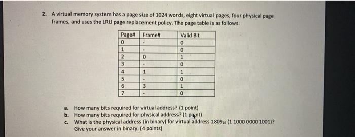 Solved 2. A virtual memory system has a page size of 1024 | Chegg.com
