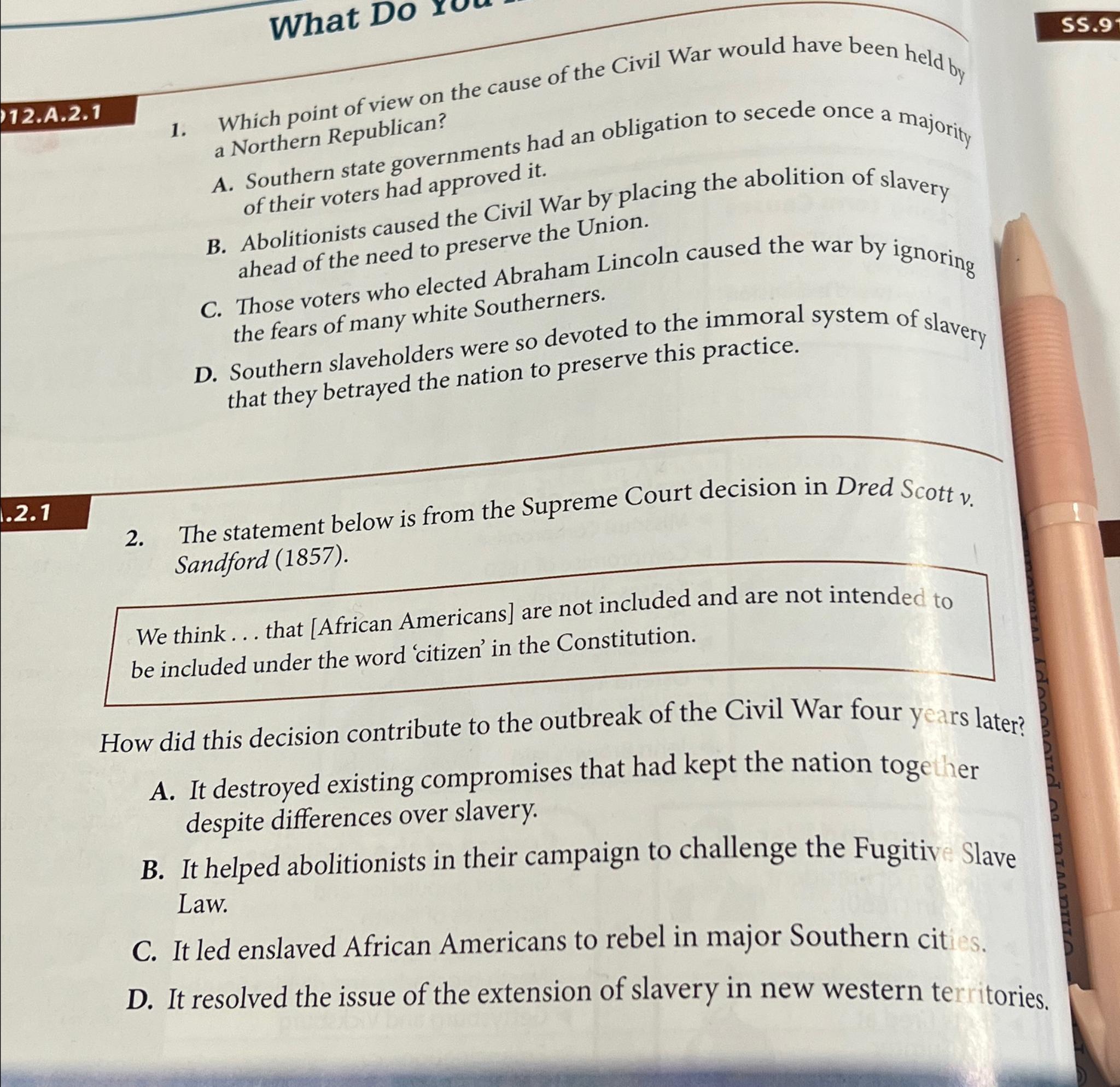 Solved 12.A.2.1Which point of view on the cause of the Civil | Chegg.com