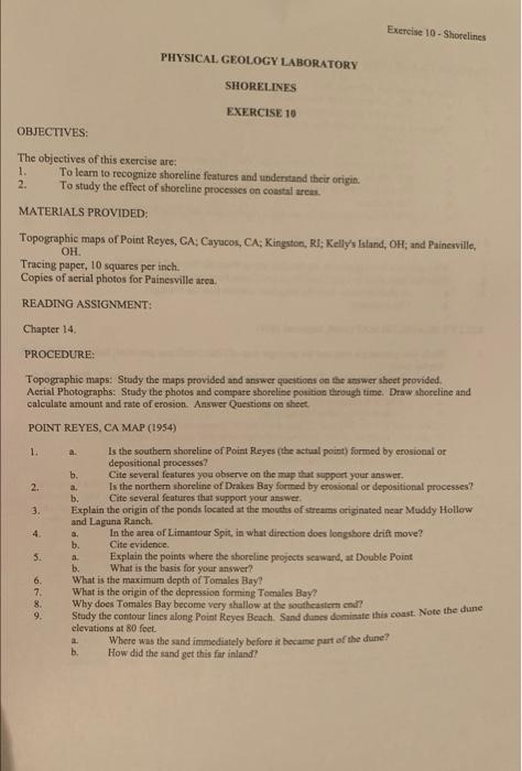 Exercise 10 - Shorelines PHYSICAL GEOLOGY LABORATORY | Chegg.com