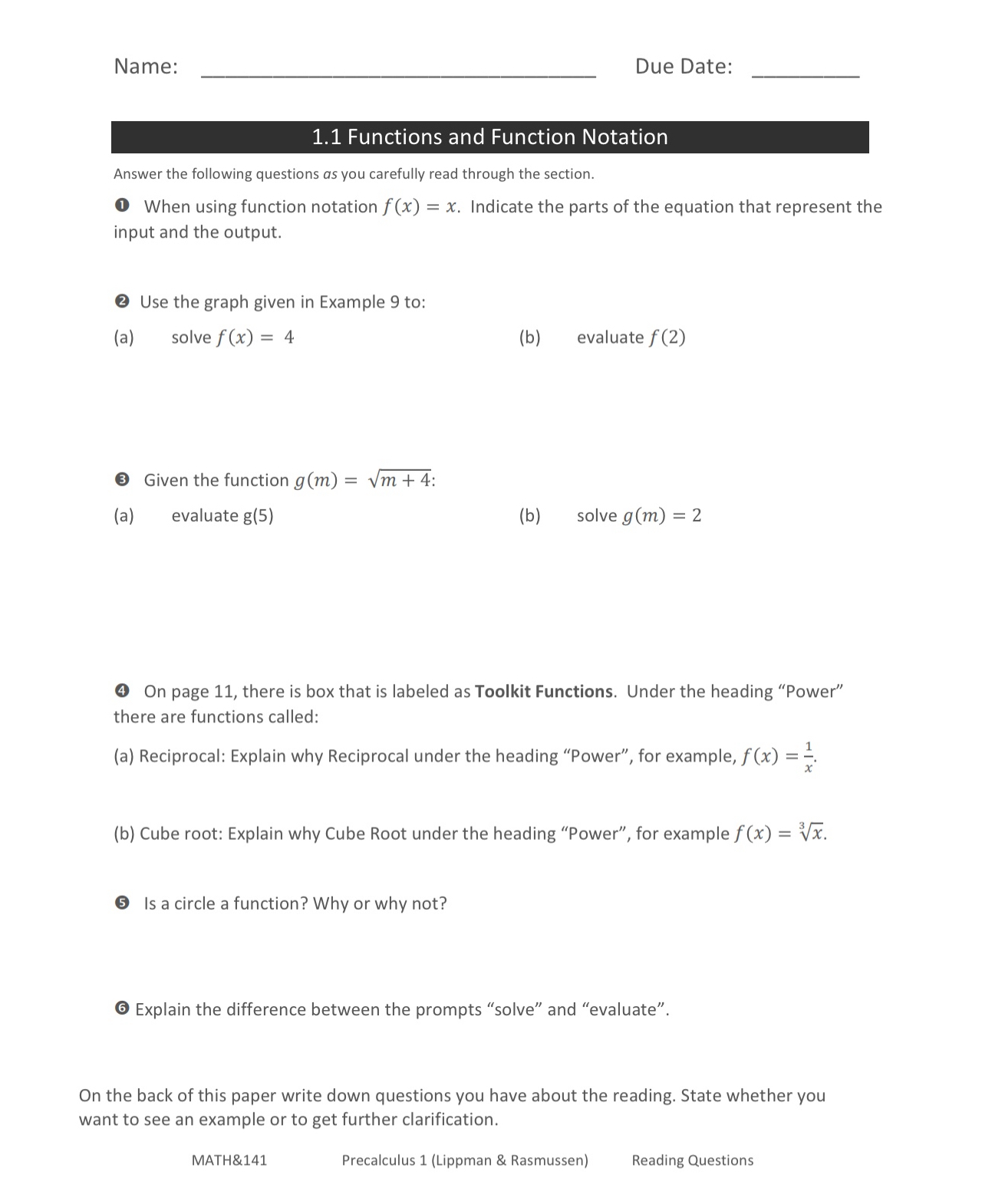 Solved 1.1 ﻿Functions and Function NotationAnswer the | Chegg.com
