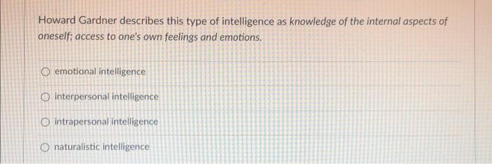 Solved Howard Gardner describes this type of intelligence as | Chegg.com