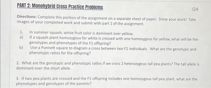 Solved PART 2: Monohybrid Cross Practice Problems | Chegg.com
