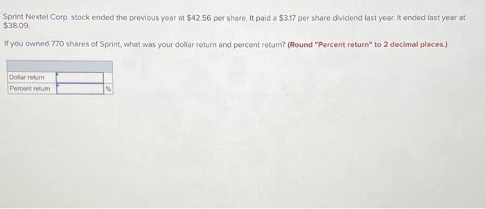 Solved Sprint Nextel Corp. stock ended the previous year at | Chegg.com