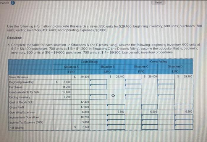 Solved ework Saved Use the following information to complete | Chegg.com