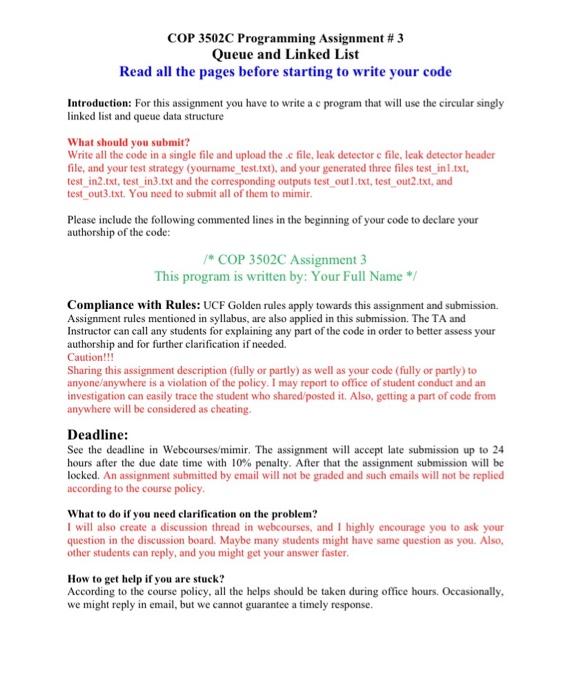Solved COP 3502C Programming Assignment #3 Queue and Linked | Chegg.com