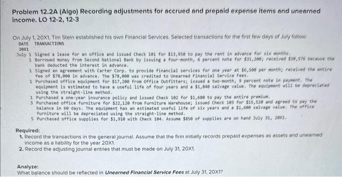 Solved Problem 12.2A (Algo) Recording adjustments for | Chegg.com