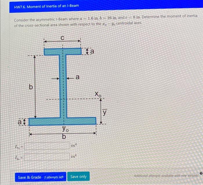 Solved Consider the asymmetric I-Beam where a=1.6in,b=16 in, | Chegg.com